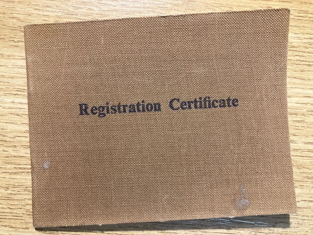 REGISTRATION CERTIFICATE VINTAGE Genuine 1961-1962 L4815 Brown Fabric ...