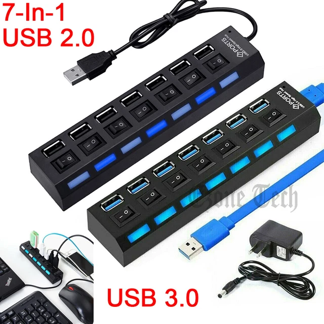 7 PORT USB 2.0 / 3.0 Hub Splitter Adapter High Speed For PC Laptop Mac ...
