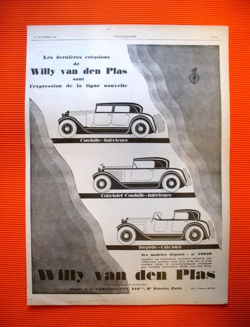 PUBLICITE DE PRESSE Willy Van Den Plas Automobile Nouveaux Modeles Ad ...