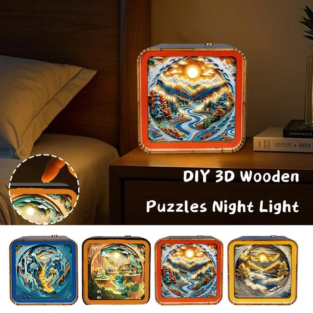 3D PUZZLE NIGHT Light Wooden Puzzles for Adults DIY Wooden Lamp Crafts ...