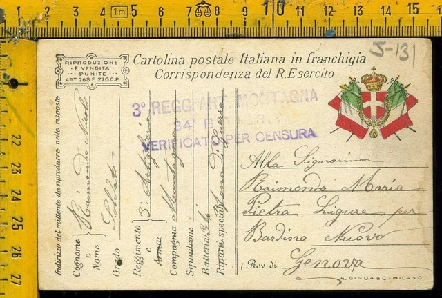 WW1 PRIMA GUERRA Franchigia Posta Militare 3° artiglieria x Pietra Ligure J 131 EUR 3,99 ...