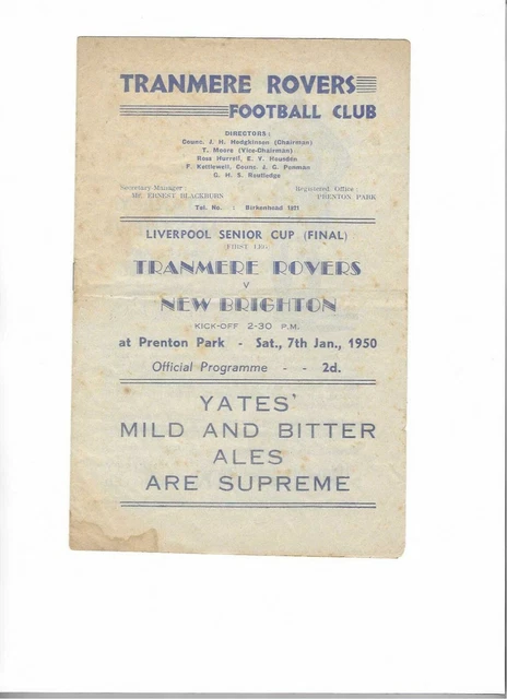 LIVERPOOL COUNTY FA Senior Cup Final 1950 TRANMERE ROVERS v NEW ...