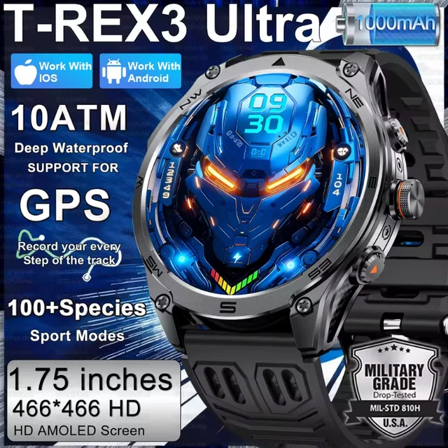 MILITARY SMART WATCH 1000Mah Battery GPS Compass 100M Waterproof ...