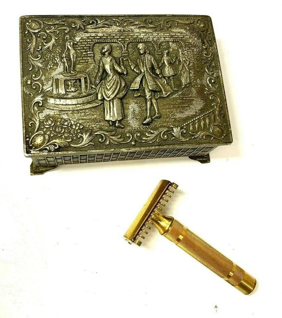 1930S VTG RAZOR Gold Tone Reissue Dancing Design Brass Stamp/Trinket ...