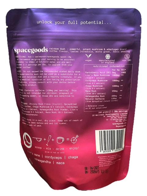 SPACEGOODS RAINBOW DUST Coffee Flavour Mushroom + Adaptogen Super Blend ...