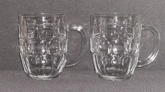 2 X VINTAGE Crown Dema Dimpled Pint Glasses Handled Tankards Jugs Real ...