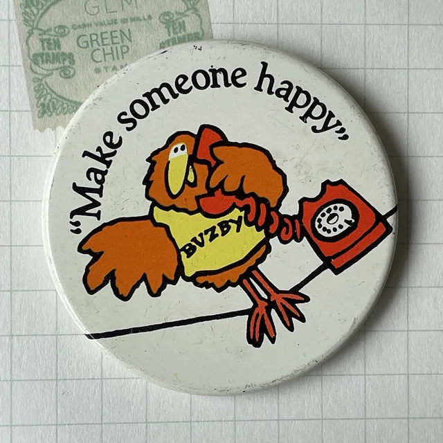VINTAGE BADGE BT British Telecom Buzby Make Someone Happy TV Advert ...