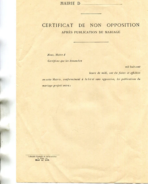 CERTIFICAT DE NON Opposition après Publication de Mariage Mairie EUR 1,73 - PicClick FR