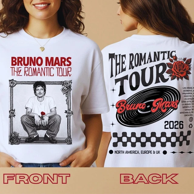 BRUNO MARS THE Romantic Tour T-shirt 2026, Tour Dates In the Back £16. ...