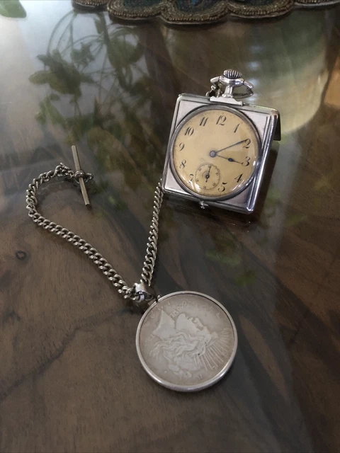 ART DECO SILVER (Colour )Pocket Watch And Chain With Real Morgan 1922 ...