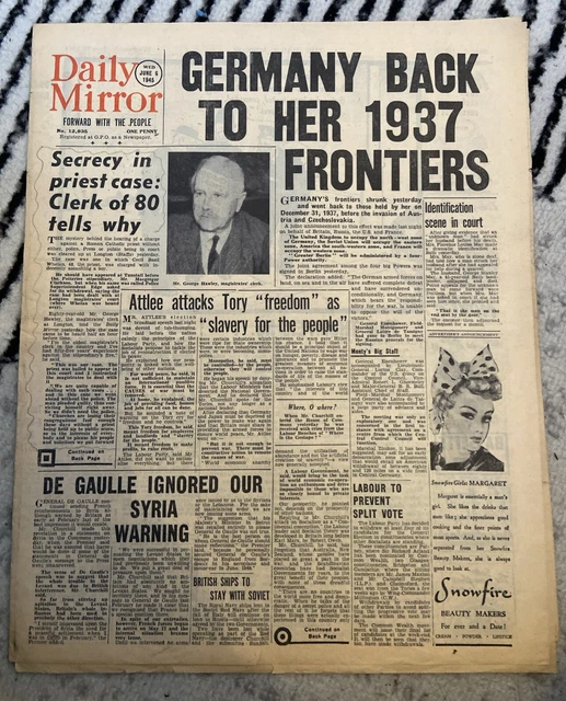 ORIGINAL DAILY MIRROR Newspaper WWII WW2 Issue June 6th 1945 £4.99 ...