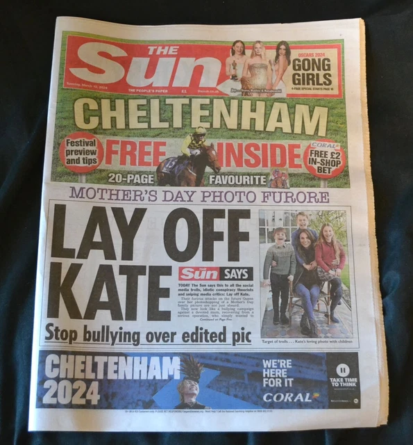 THE SUN UK Newspaper 12/03/24 March 12th 2024 Kate Mothers Day Photo ...