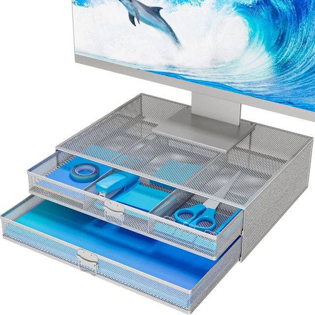 METAL MESH MONITOR Riser Desktop Stand with Storage Drawers for ...