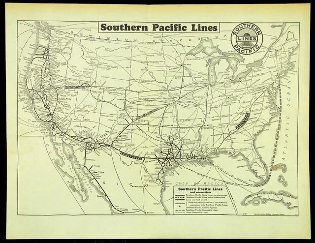 VINTAGE SOUTHERN PACIFIC Railroad Map Antique Original Railway Map ca ...