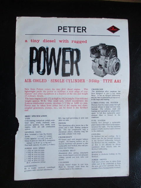 PETTER DIESEL ENGINE type AA1 sales leaflet £3.26 - PicClick UK