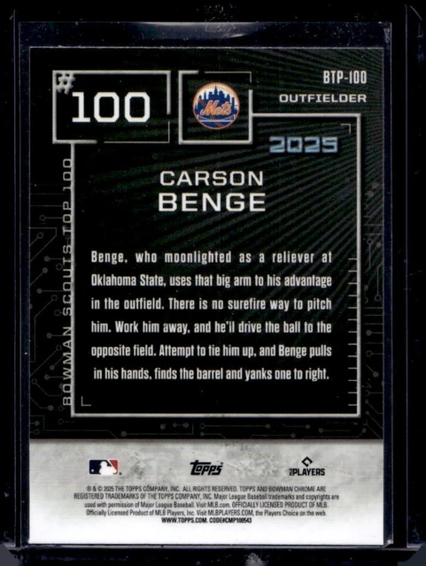2025 BOWMAN CARSON Benge Scouts' Top 100 Green Refractor #/99 Mets $6. ...