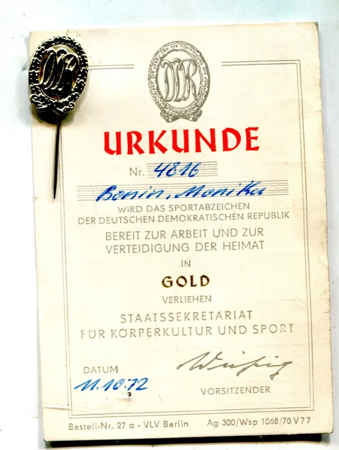 DDR: URKUNDE SPORTABZEICHEN gold mit Nadel (190) EUR 12,00 - PicClick DE