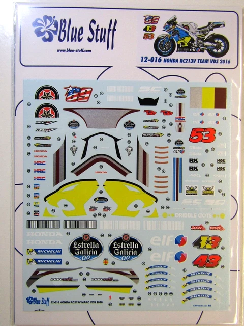 BLUE STUFF DECAL Sheet 1:12 Scale Honda RC213V Marc VDS 2016 suit ...