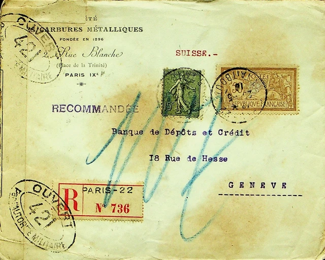 FRANCE 1918 WWI 15c+50c ON MILITARY CENSORED REGD COVER PARIS TO ...