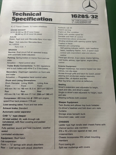 MERCEDES BENZ 1628S/32 Truck Technical Specification Brochure Frameable ...