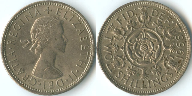 UNITED KINGDOM 1966 2 Two Shillings KM#906 Cu-Ni Queen Elizabeth II ...