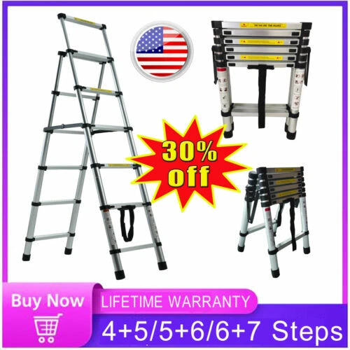 TELESCOPIC EXTENSION ALUMINUM Step Ladder Folding Multi Purpose New 4-7 ...
