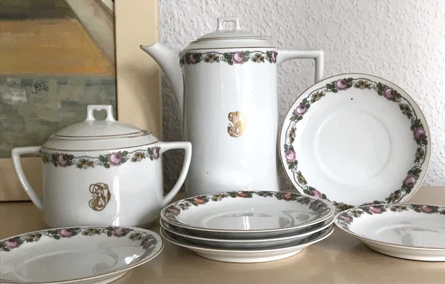 ANTIK PORZELLAN KONVOLUT Reste Kaffeeservice Rosen Kanne Ligatur Monogramm TD EUR 105,00 ...