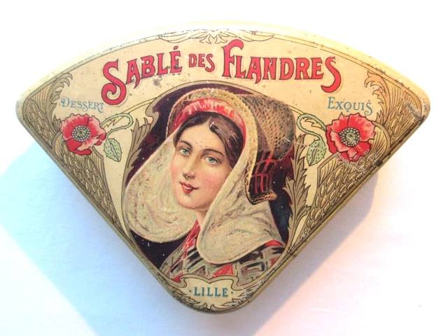 BOITE ÉVENTAIL PUBLICITAIRE vers 1900, tôle lithographiée: Sablés de ...