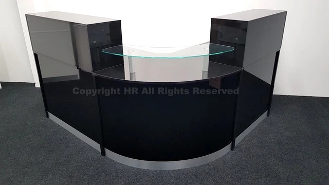 RECEPTION DESK BLACK Gloss Curved Glass Unit Aluminium Plinth Quality ...