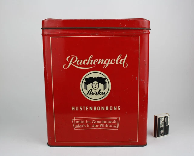 GROSSE ANTIKE BLECHDOSE AESKA Karlsruhe Husten Bonbons Rachengold rot ...