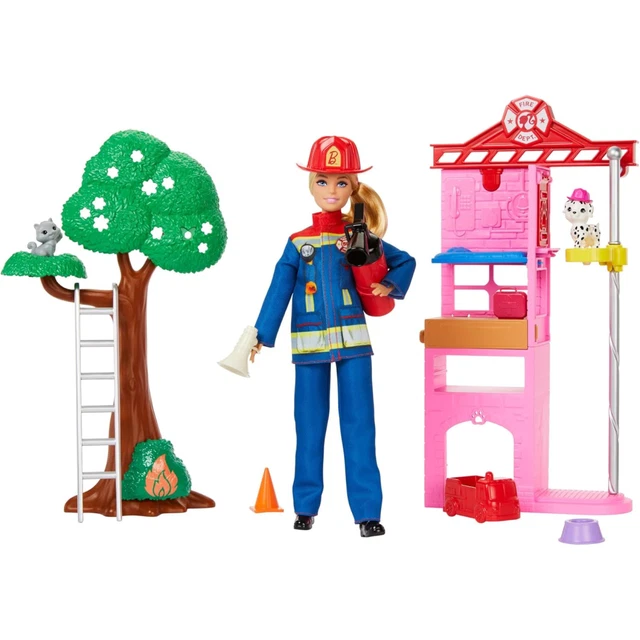 BARBIE CAREERS FIREFIGHTER Doll Playset with Fire Station & Tree Pets £ ...
