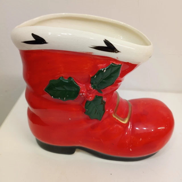 VINTAGE CERAMIC CHRISTMAS Santa Claus Boot Vase Planter Centerpiece £17 ...