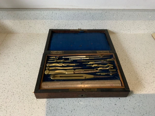 ANTIQUE BRASS GEOMETRY draftsmanship technical Drawing Instruments Set ...