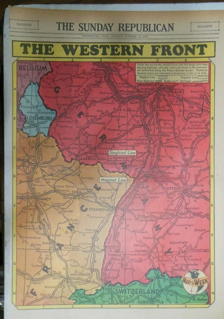 ORIGINAL 10/15/1939 WW2 Newspaper Color Map The Western Front in War in ...