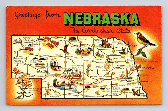 PICTORIAL TOURIST MAP Duck Hunting Rodeo Cowboys State of Nebraska NE ...