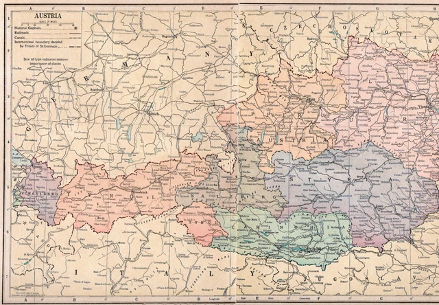 1923 MAP:AUSTRIA W/BOUNDARY of Treaty of St.Germain ending WW I ...