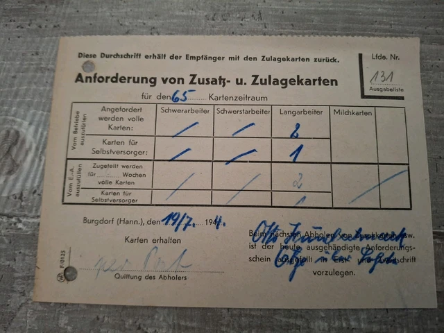 ORIGINAL ANFORDERUNG FÜR Zulagekarten 1944 Ernährungsamt Sammler Selten ...