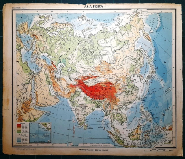 CARTA GEOGRAFICA ANTICA ASIA FISICA ante 2 guerra mondiale 1936 Antique ...