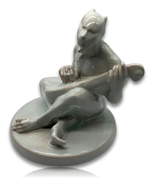 KERAMIK FIGUR SKULPTUR - Satyr Faunus Faun - sitzend Laute spielen ...