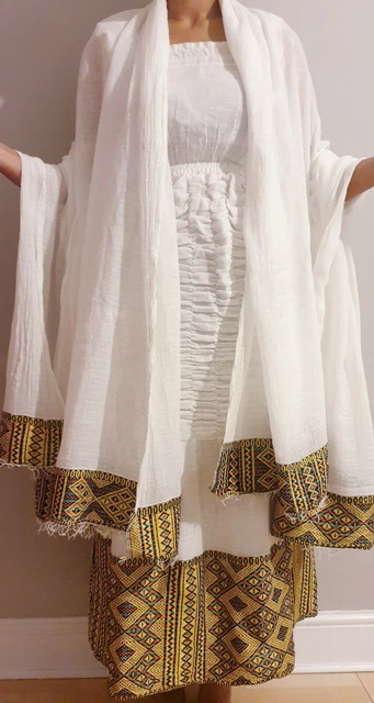 ETHIOPIAN ERITREAN HABESHA Dress Kemis Zuria White Ruched Shibshib Maxi ...