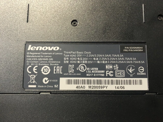 LENOVO THINKPAD BASIC Dock Type 40A0 USB 3.0 Docking Station 04W3954 No ...