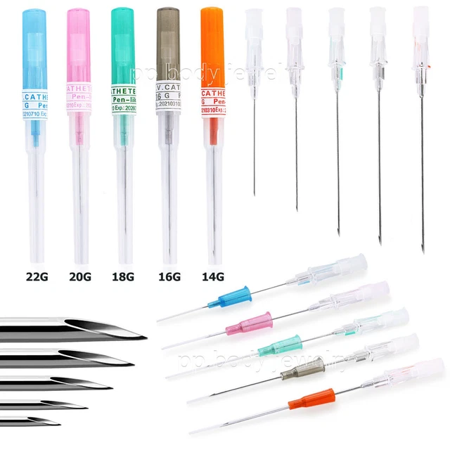 5 PZ. PIERCING corpo aghi cannula catetere sterilizzato 22G 20G 18G 16G 14G EUR 13,77 - PicClick IT
