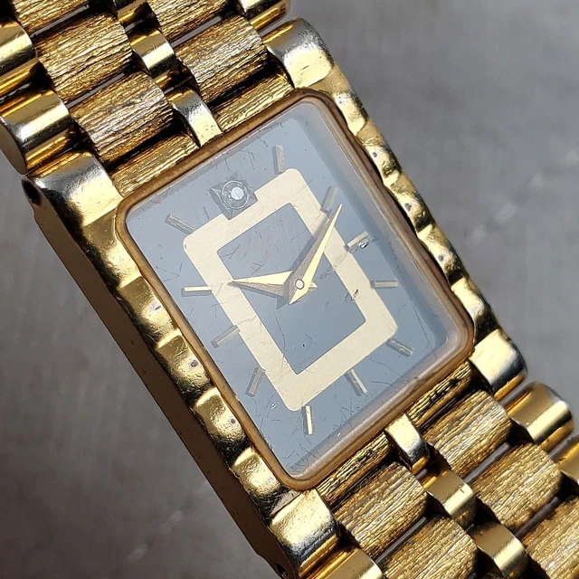 RARE VINTAGE BULOVA 1990'S 92K38 Tank Gold/Black Quartz Diamond Women's ...