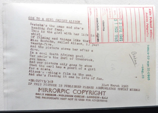 PHOTO MISS ALISON SEEBOHM actrice cinema en bikini 1965 original W802 ...
