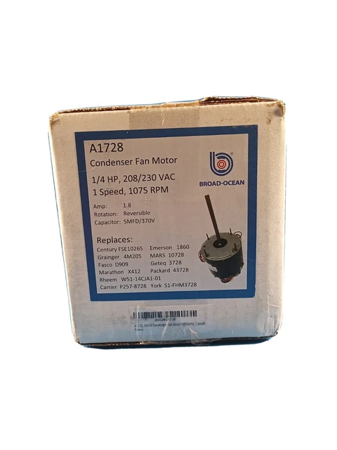 ZHONGSHAN BROAD-OCEAN 1/4 HP 208-230v Condenser FAN MOTOR A1728 £161.44 ...
