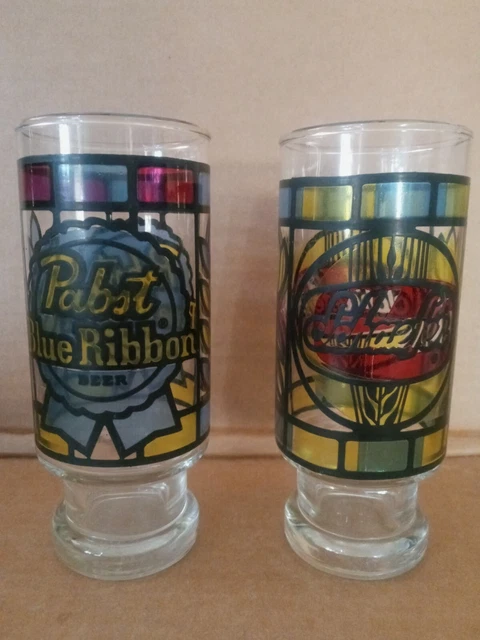 2 VINTAGE BEER Glasses Schaefer Pabst Blue Ribbon Stained Glasses 70’s ...