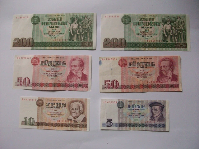 6 ORIGINAL DDR Geldscheine Banknoten 5-200 Mark Wasserzeichen 50 Mark ...