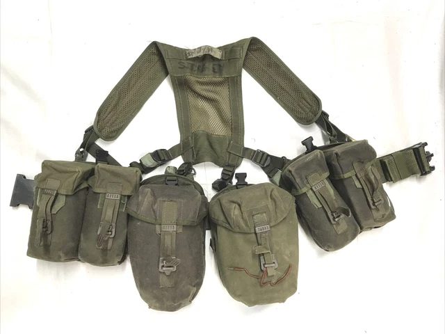 GENUINE BRITISH ARMY PLCE Olive Green Webbing Belt Yoke + 6 Pouches ...