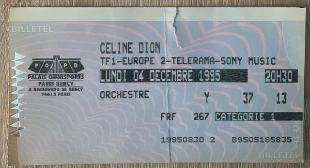 CELINE DION - Ticket concert n° Y 37 13 - Bercy Paris - Lun 4 Décembre ...