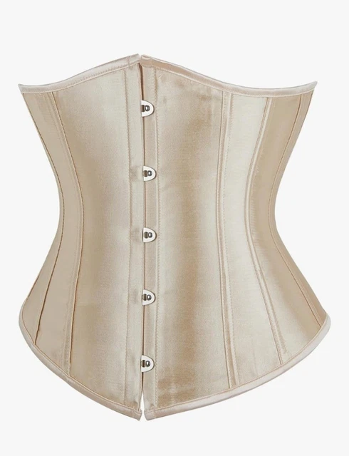 SATIN UNDERBUST CORSET Lace Up Waist Trainer Cincher Champagne Beige ...
